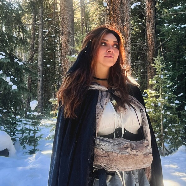 Faux Fox Fur Hooded Cloak - Black Cloak With Beige/pewter Fur ...