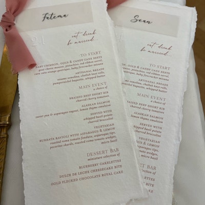 Hand Torn Place Cards and Chiffon Ribbon, Deckle Edge Place Cards With ...