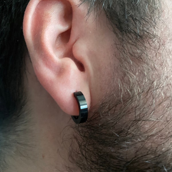 Mens Jet Black Large 13mm Huggie Hoop Earrings | Flat Profile Polished ...