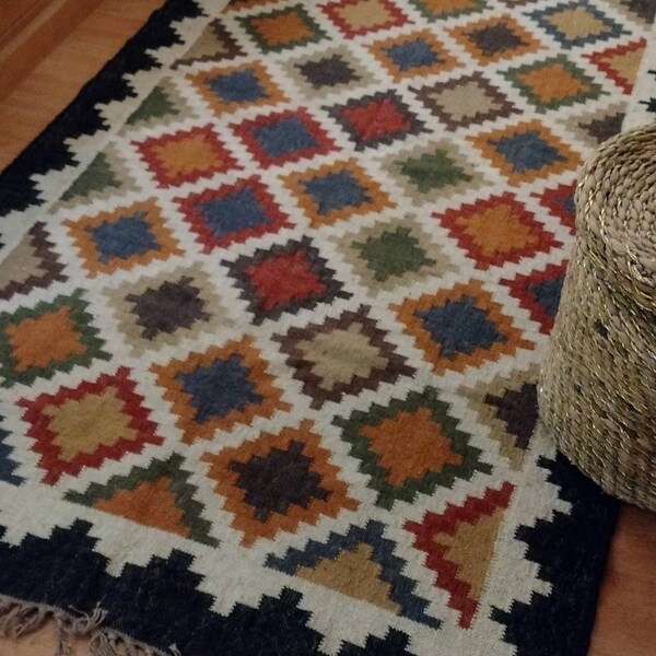 Custom Size Indian Handwoven Kilim Wool Jute Rug, Multicolour Decor Rug ...