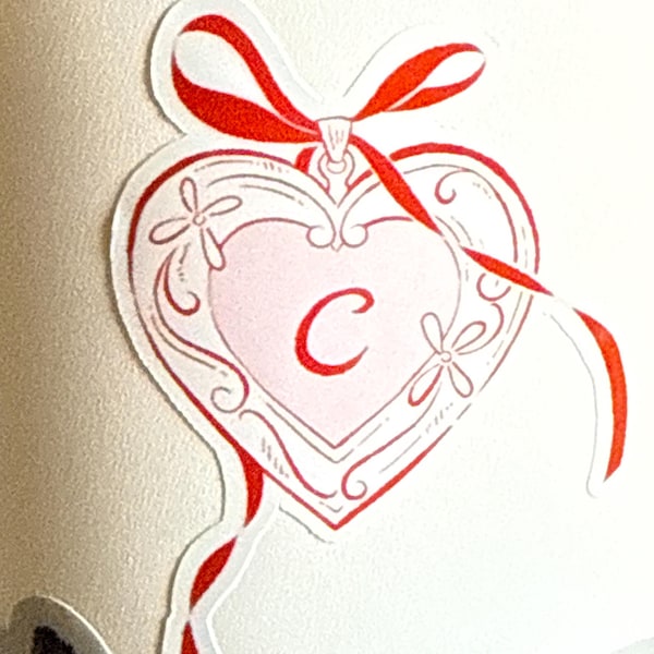 Custom Initial Heart Locket Sticker, Coquette, Hand-drawn, Ribbon ...