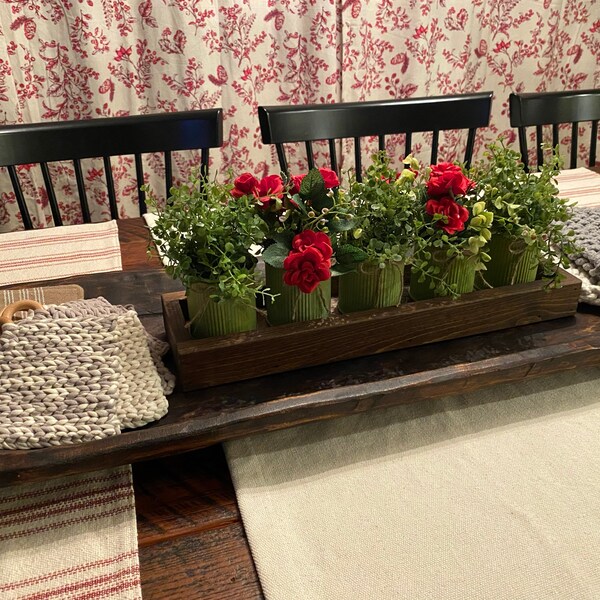 Rustic Planter Box, Tin Pots With Greenery, Farmhouse Table Centerpiece ...