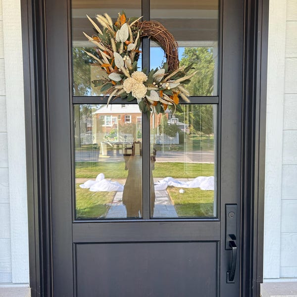 Boho Pampas Grass Eucalyptus Wreath for Front Door With Lamb's Ear and ...