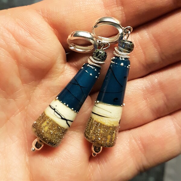 10 Triton Ivory Spiral Belles Handmade Lampwork Beads Metallic Blue ...