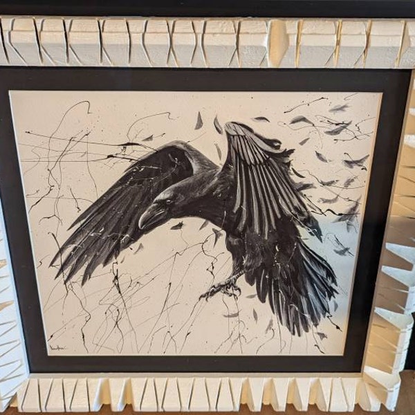 Black Raven & Golden Moon Phases - Art Print, Flying Raven Watercolor ...