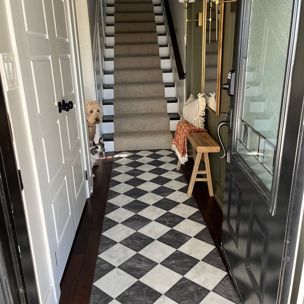 Checkerboard Vinyl Runner Rug in Black and White Marble Tile Design for ...