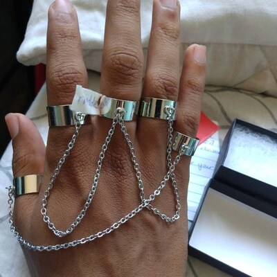 Handmade Five Finger Chain Rings Adjustable Cross Chain Linked Cuff ...