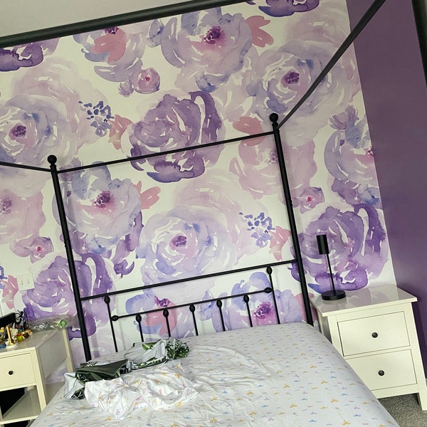 Watercolor Purple Floral Removable Wallpaper, Wall Art, Peel and Stick ...