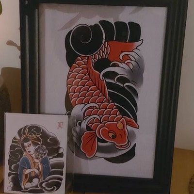 A4 Traditional Tattoo Flash Japanese Kingyo Goldfish Bodysuit Art Print ...