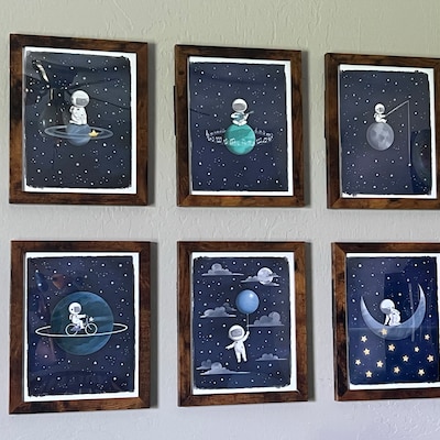 Set of 6 Astronaut Space Themed Nursery Decor Prints, Navy Blue Moon ...