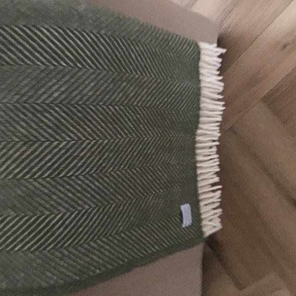 Olive Green Fishbone Pure New Wool Throw Navy British Blanket Made in ...