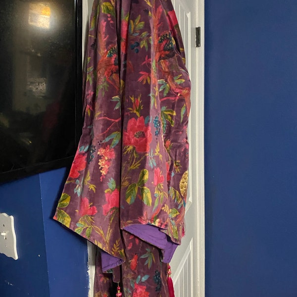 OFMD Violet Bird Velvet Banyan Fabric Kimono Cotton Velvet Robe Long ...