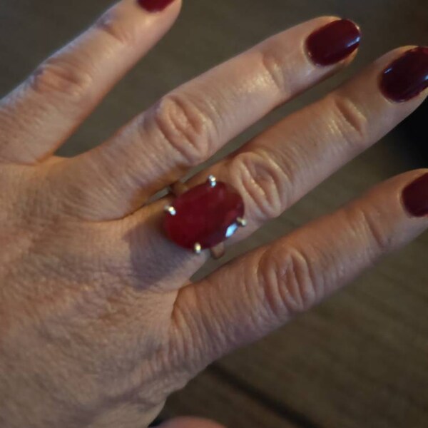 Natural Oval Shape Red Coral 925 Sterling Silver Ring, Moonga Stackable ...