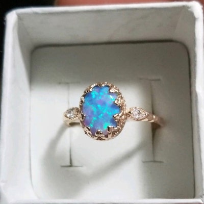 Blue Opal Ring October Birthstone Statement Ring Oval Ring Bezel Ring ...
