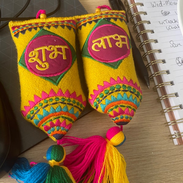 Pair of SHUBH-LABH Tassels, Multicolor Handmade Auspicious Charm, Size ...