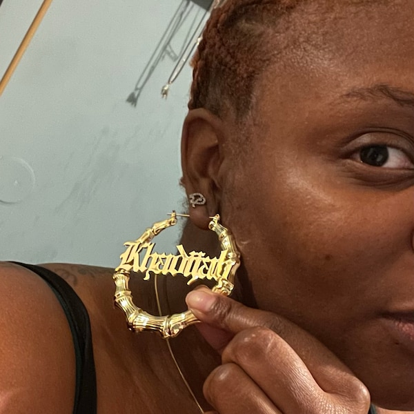 Bamboo Earrings Name, Custom Name Earrings, Bamboo Hoop, Monogram ...