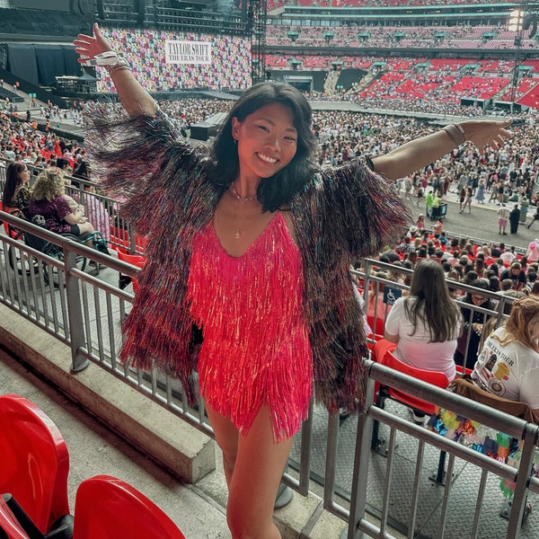 The Lover Iridescent Pink Tinsel Fringe Jacket | Metallic Party Jacket ...