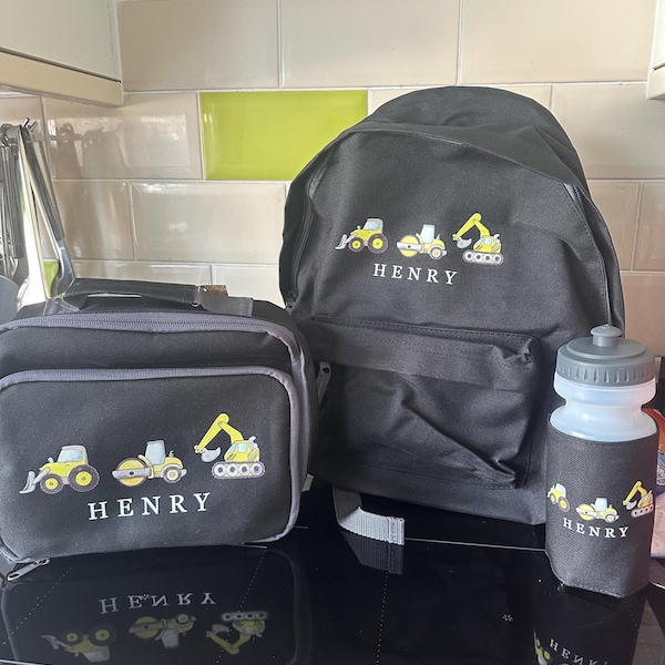 Personalised Construction Backpack Set: Rucksack, Lunch Bag & Water ...