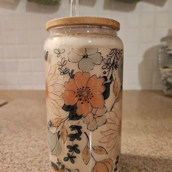 Fall Floral Glass Can Cup, Iced Coffee Cup, Smoothie Glass, Fall Cup ...