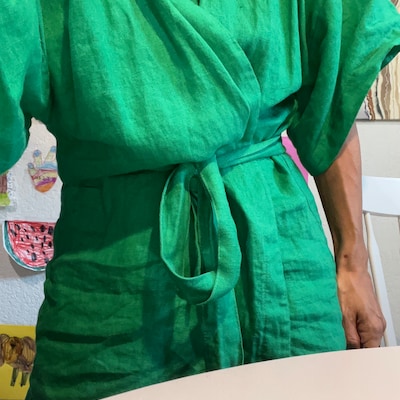 Green Linen Robe. Flax Kimono. Linen Loungewear. Bathrobe Homewear ...