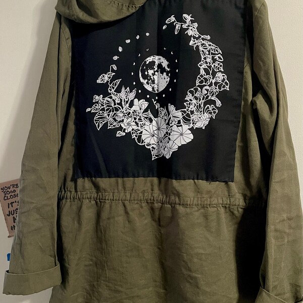 Moon Flower Back Patch Print on Black Cotton Canvas - Etsy