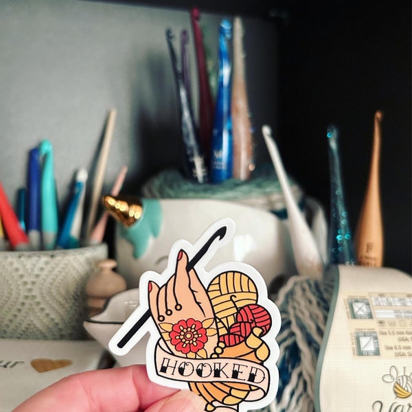 Funny Crochet Hooked Tattoo Flash Inspired Vinyl Sticker, Crocheter ...