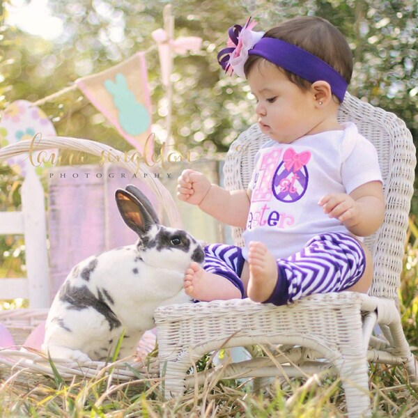 My 1st Easter - Girls Chevron Embroidered First Easter Shirt, Hair Bow ...