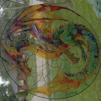 Dragon Reading Stained Glass Look Art on Glossy Ceramic Decorative Tile ...