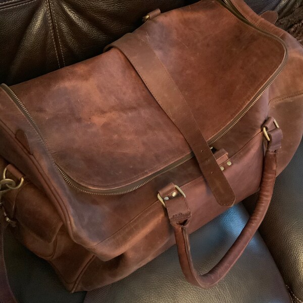 Handmade Full Grain Leather Duffle Bag, Laser Engraved Weekender Carry ...