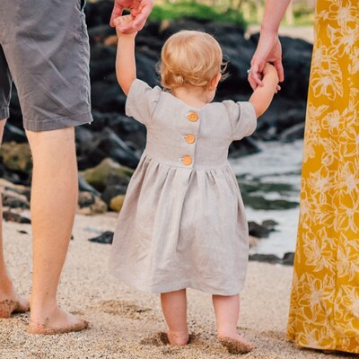 Tan Linen Baby Button Backed Dress Beige Infant Sleeved Dress Toddler ...