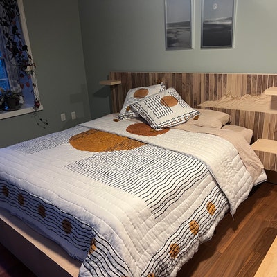 Handcrafted Wood Stepped Platform Bed Frame Modern White Oak Headboard ...