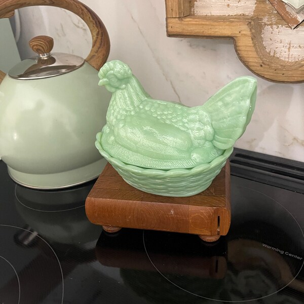 Jadeite Depression Style Glass Nesting Chicken Hen on Nest Candy Dish W ...