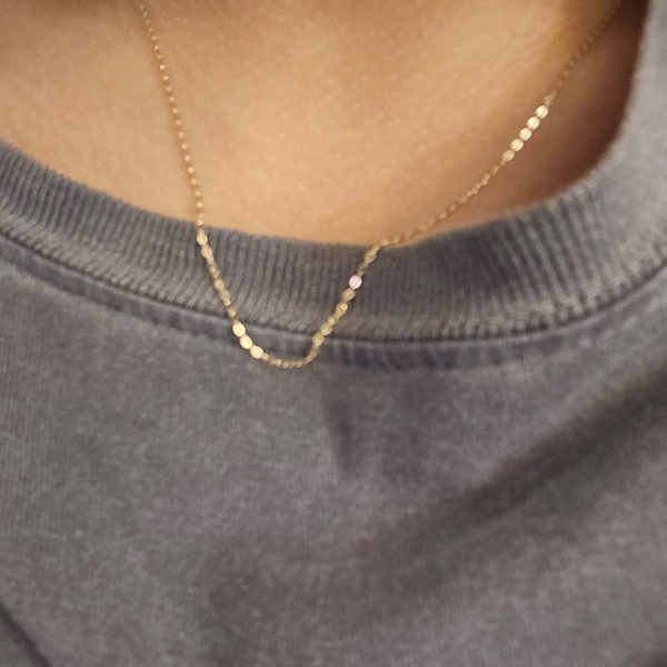14K Solid Gold Necklace, Thin Chain, Tiny Thin Pendant, 14K Yellow Gold ...