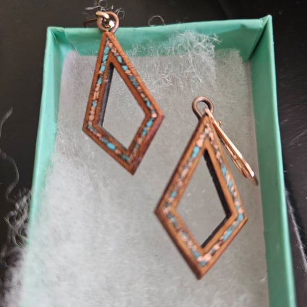 Green Brown Copper Triangle Earrings Made From Burl Wood With Copper Inlay - Etsy