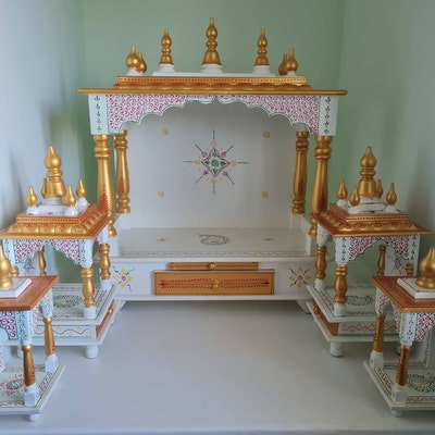 Wooden Temple Mandir Hindu Pooja Ghar Mandap Gold Painted Worship Home ...