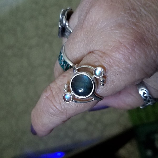 Natural Moonstone and Labradorite Ring , Blue Flashy Two Gemstone Ring ...