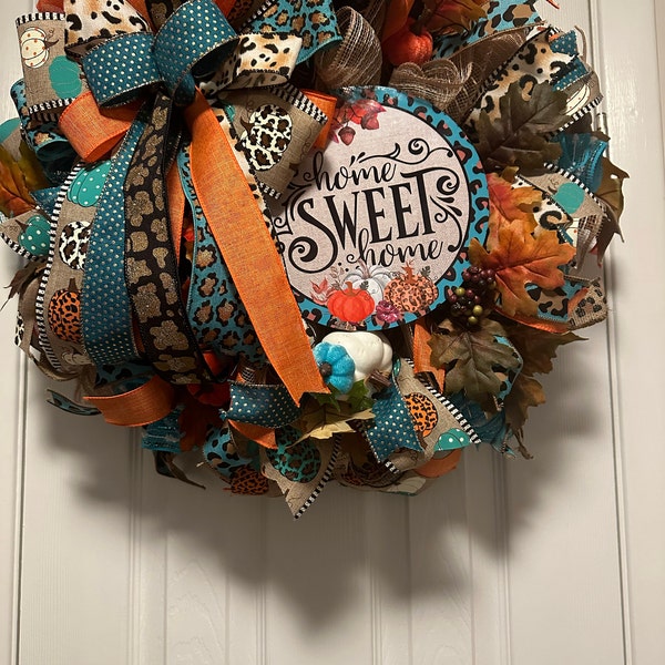 Fall Wreath: Cheetah, Turquoise, and Orange Pumpkin Decor - Etsy