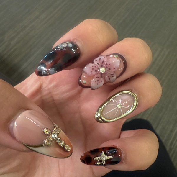 Fairy Tale Flower Long Almond Press on Nails, 3D Fairycore Nails ...