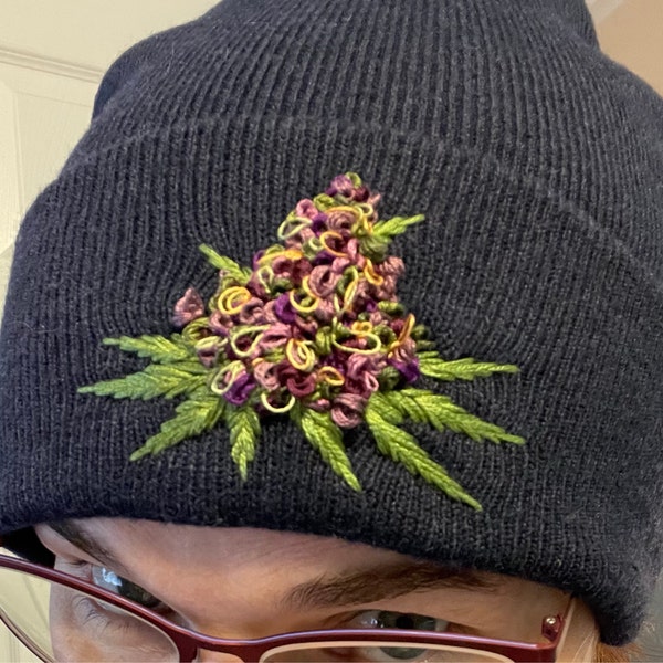 Cannabis Embroidery Beanie, Hat for Stoners, Marijuana Stitched, Winter ...