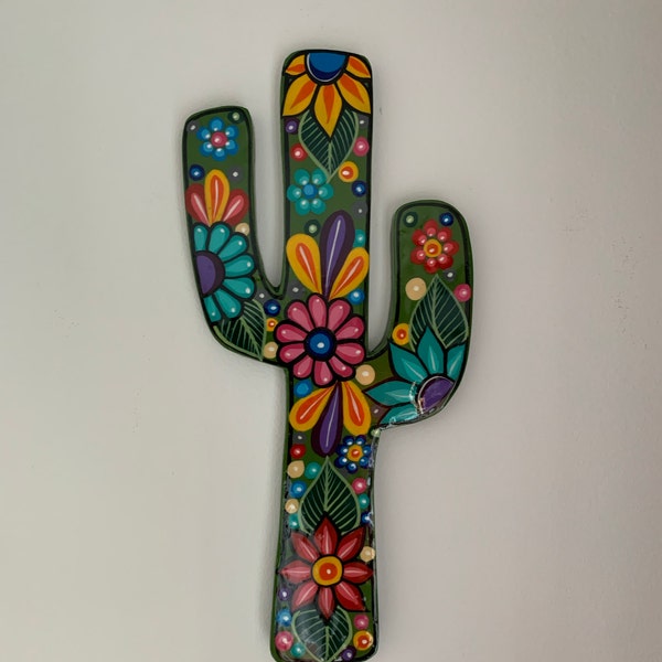 Mexican Wooden Cactus Wall Decor, Handpainted Nopal Art, Colorful Boho ...