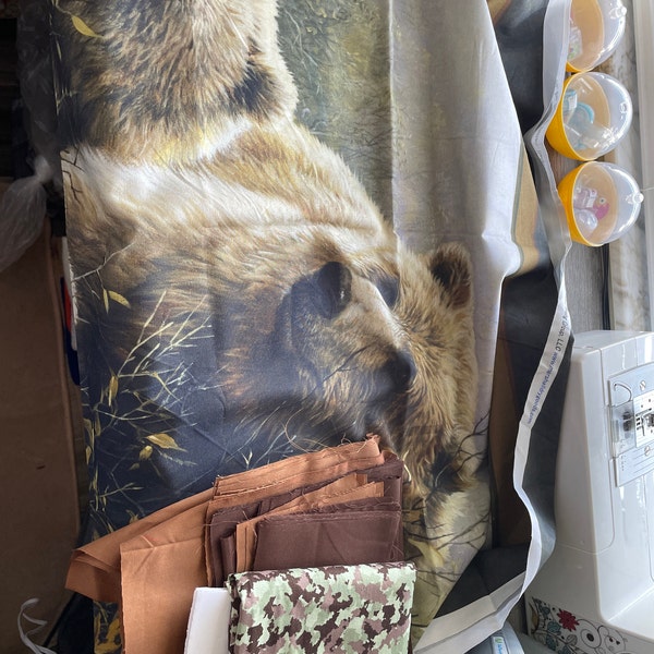 Grizzly Bear Family Fabric Quilt Panel - Denali Wildlife Cabin Decor ...