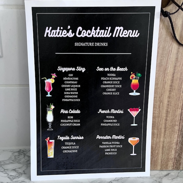 Personalised Cocktail Menu (A4), Modern Editable Drink Menu, Signature ...