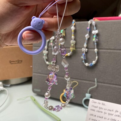 Cute Bluebell Bead Phone Charm Pink Crystal Star Phone Keychain Camera ...