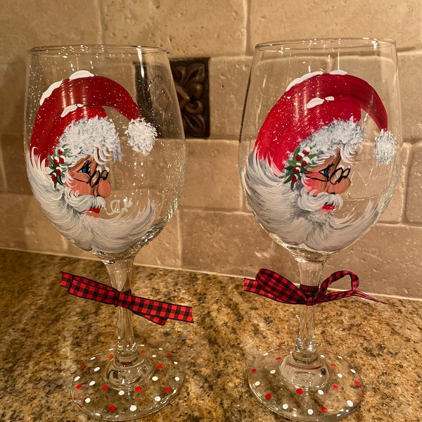 Hand Painted Santa Wine Glass Set - Etsy