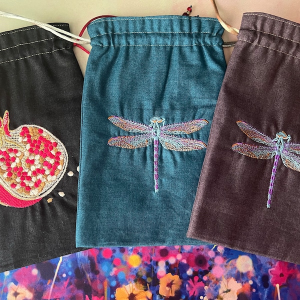 Embroidered Dragonfly Drawstring Bag, Handmade, Silk Lined - Etsy