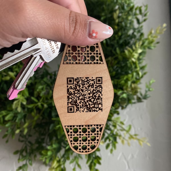 Retro QR Code Keychain • Scannable & Portable Fob • Wooden Maple Boho ...