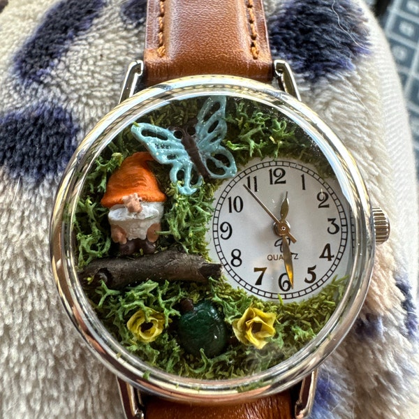 Gnome Watch With Cute Little Gnome Sitting on a Log, Greenery, Flowers ...