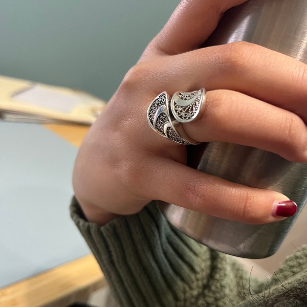 925 Sterling Silver Women Bypass Ring, Filigree Art Leaf Shaped Wrap ...