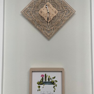 Square Mandala Wall Clock, Silent Sweep Filigree Wooden Decor, Housewarming Gift, Natural Raw ...