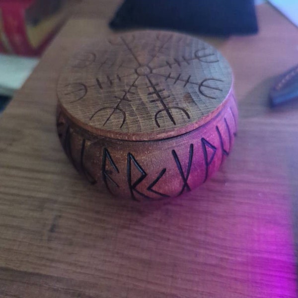 Hand Turned Alder Wood Box of 24 Dark Wood Runes Round Small Rune Set ...